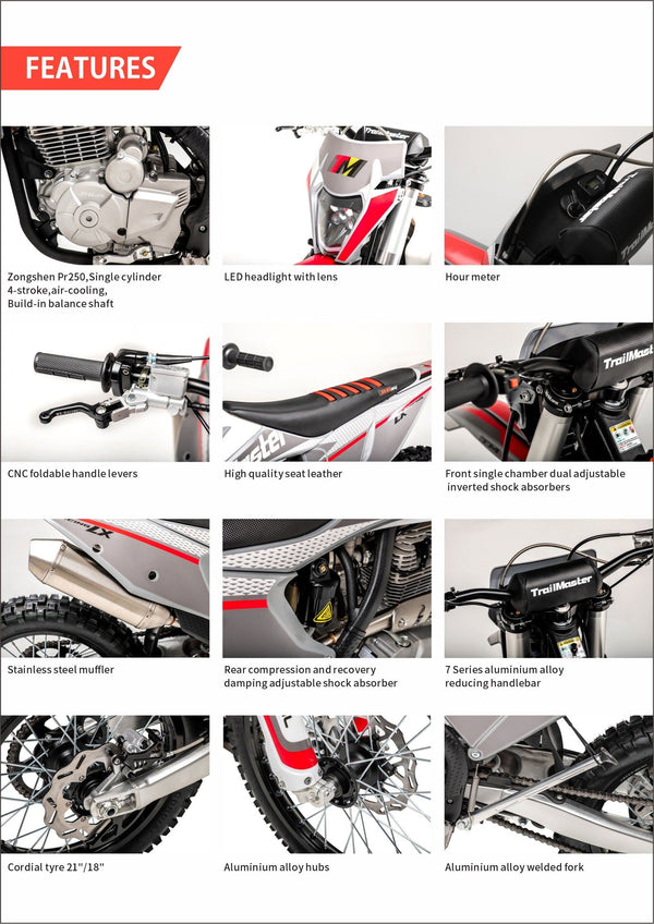 TrailMaster LX250 Dirt Bike, 6-Speed Manual, Dual Disc Brakes, Electri ...